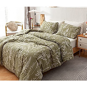 JANZAA 3 Pieces Duvet Covers Queen Size Floral Cover White Botanical Printed on Qlive Geen Soft Bed with Zipper Closure 4 Ties All Season Using(2 Pillow Cases)