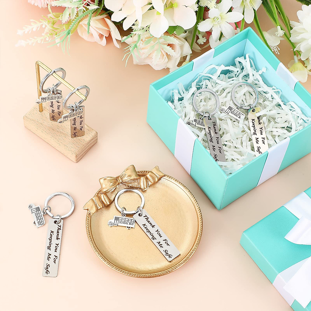 Hosuly 6 Pcs Employee Appreciation Gift School Bus Driver Gifts Stainless Steel Thank You Keychain Gifts Thank You for Keeping Me Safe Keychain for Driver Women Men Retirement Birthday