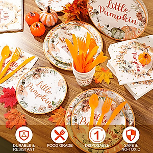 Dandat 350 Pcs Baby Shower Plates Set Baby Shower Party Supplies Serves 50 Tableware Sets Include Plates Napkin Cup Forks Knives Spoons Disposable Dinnerware for Boy Girl(little pumpkin)