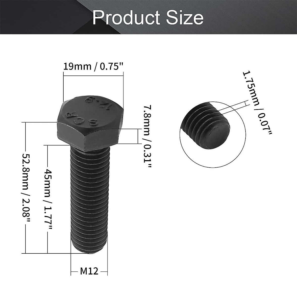 MroMax 2Pcs M12 x 45mm Left Hand Hex Bolt, Carbon Steel Grade 12.9, Black Oxide Finish, Full Thread, Hexagon Head Bolts for Furniture Repair