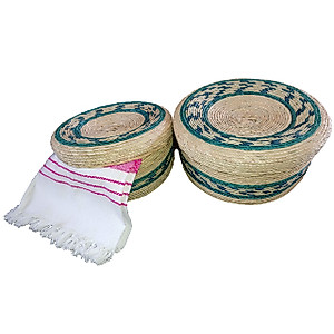 2 pack Mexican handmade palm baskets with lid and 1 woven napkin cloth (servilleta mexicana) 100% cotton Eco Friendly Mexican tortilla warmer (tortillero) for party fiesta decoration (Blue)