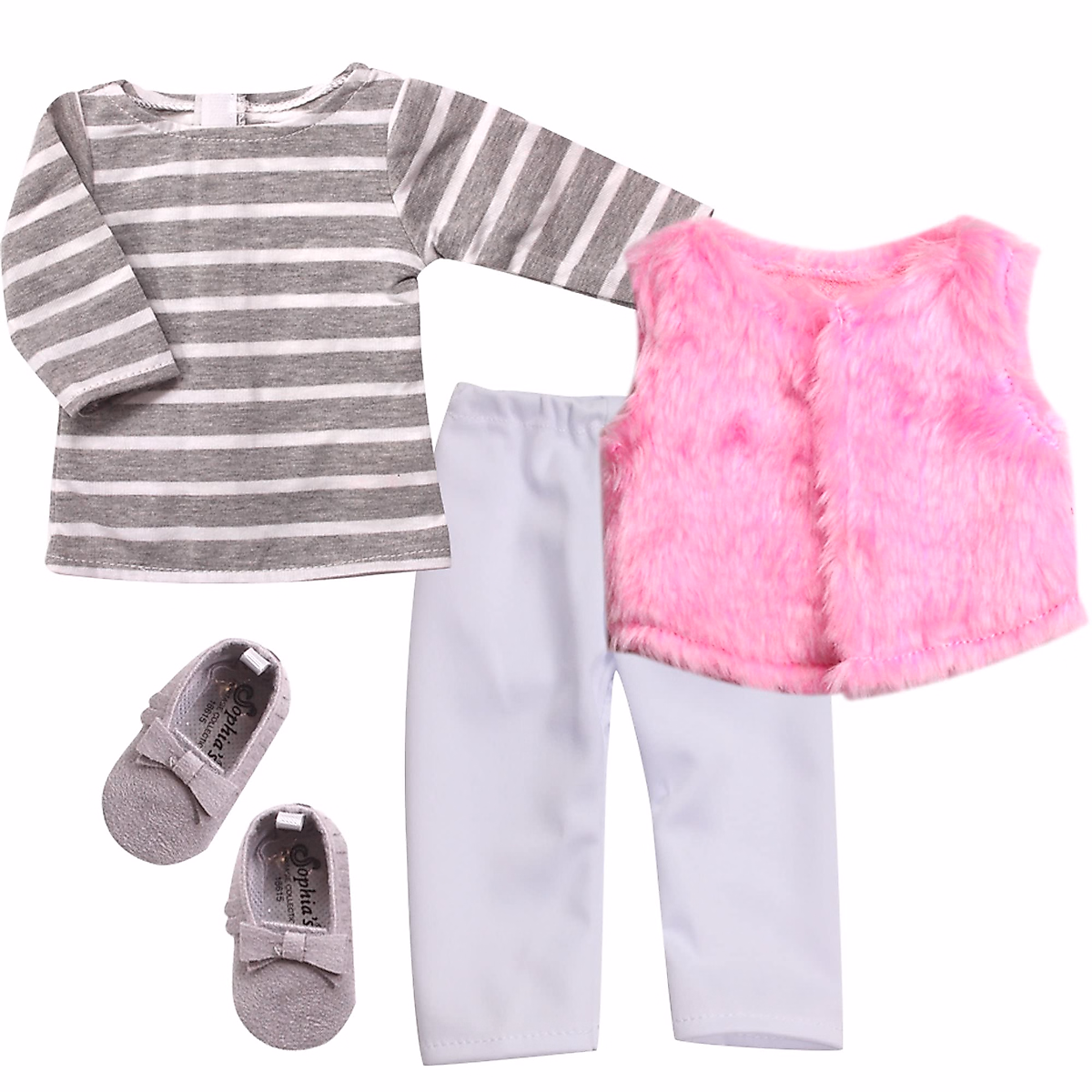 Sophia's 15 inch Baby Doll Clothes & Accessories Set with Striped T-Shirt Dress, Shaggy Vest, Solid White Leggings, & Suede Moccasin Shoes for 15" Girl Dolls, Pink/Gray