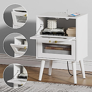 RRX Wooden Nightstand with Charging Station, Bedside Table with Reeded Glass Door Drawer, 2 Tiers End Table Storage,Side Table for Bedroom White (1)