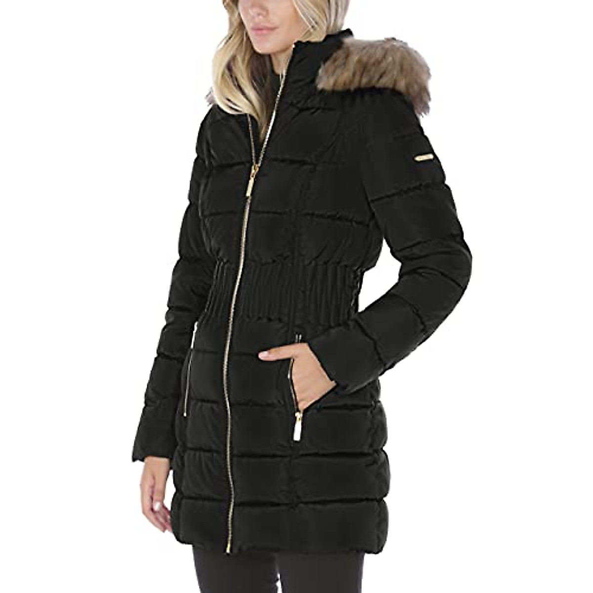 Laundry By Shelli Segal Women's 3/4 Puffer Jacket with Zig Zag Cinched Waist and Faux Fur Trim Hood, Black (2016), X-Small