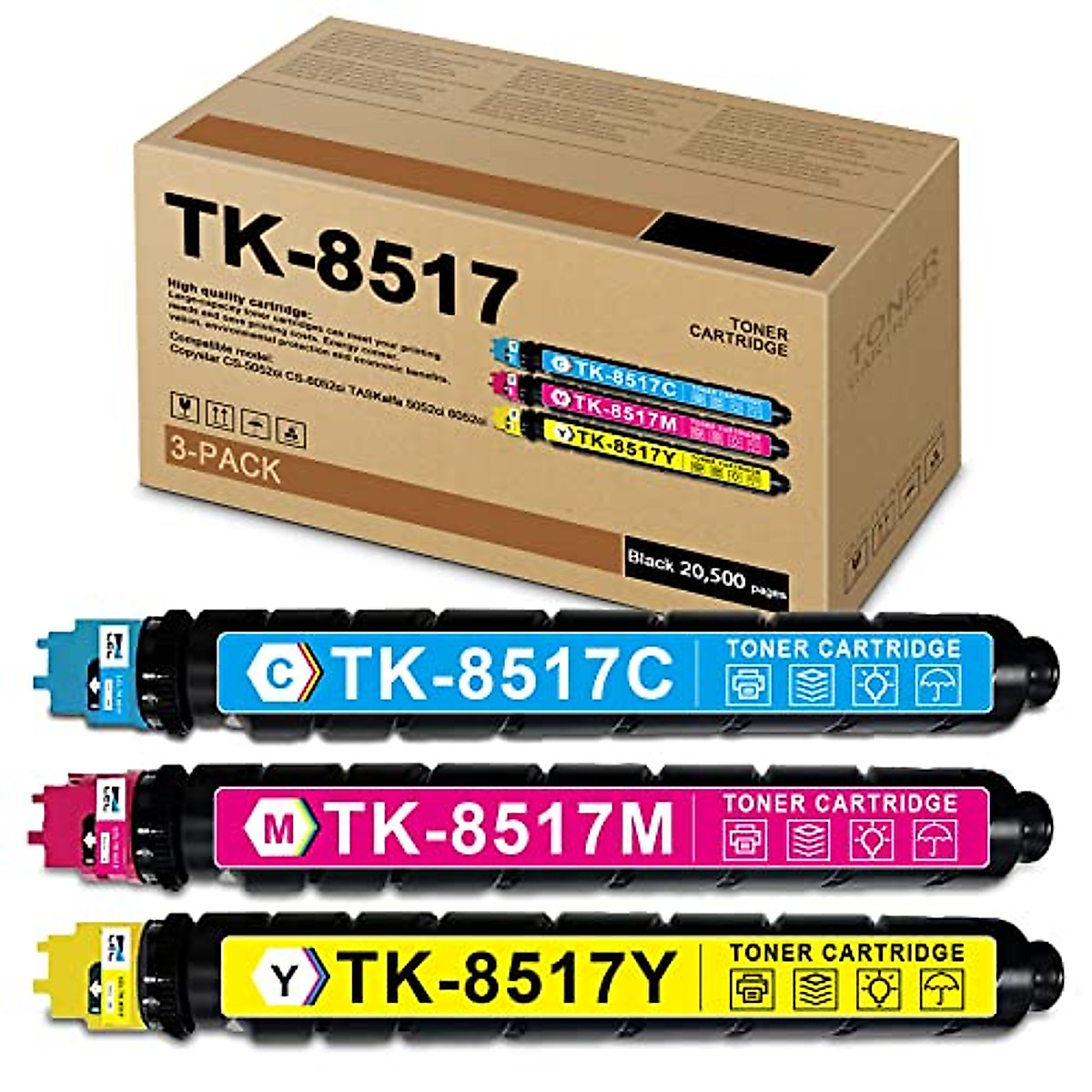 3PK (1C+1M+1Y, 20,500 Pages) TK-8517 TK8517 1T02NDCUS0 1T02NDBUS0 1T02NDAUS0 Compatible High-Yield Toner Cartridge Replacement for Kyocera Copystar CS-6052ci TASKalfa 5052ci 6052ci Printer BERYINK