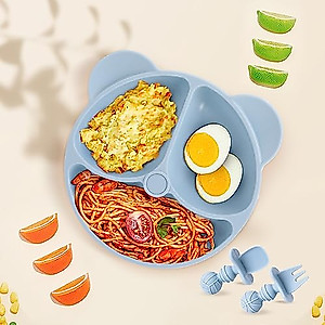 E-PRONSE Suction Plates for Babies & Toddlers | 100% Silicone | Plates Stay Put with Suction Feature | Divided Design Bear Pink