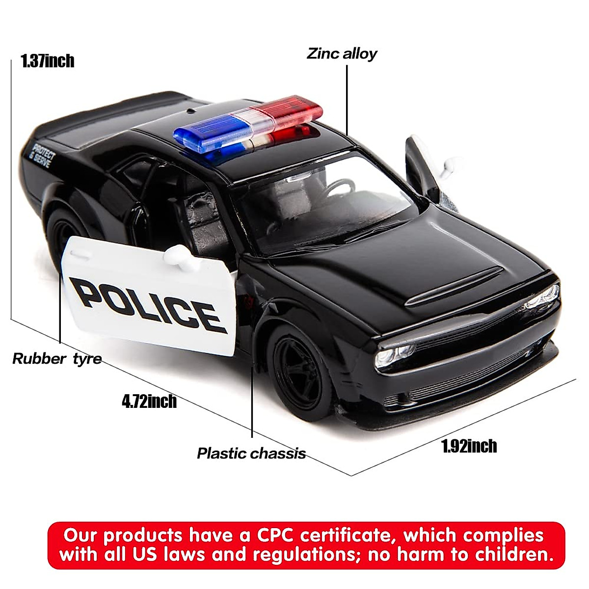 BDTCTK 1/36 Scale Challenger Police Car Model, Zinc Alloy Die-Cast Pull Back Vehicles Kid Toys for Boy Girl Gift (Black)