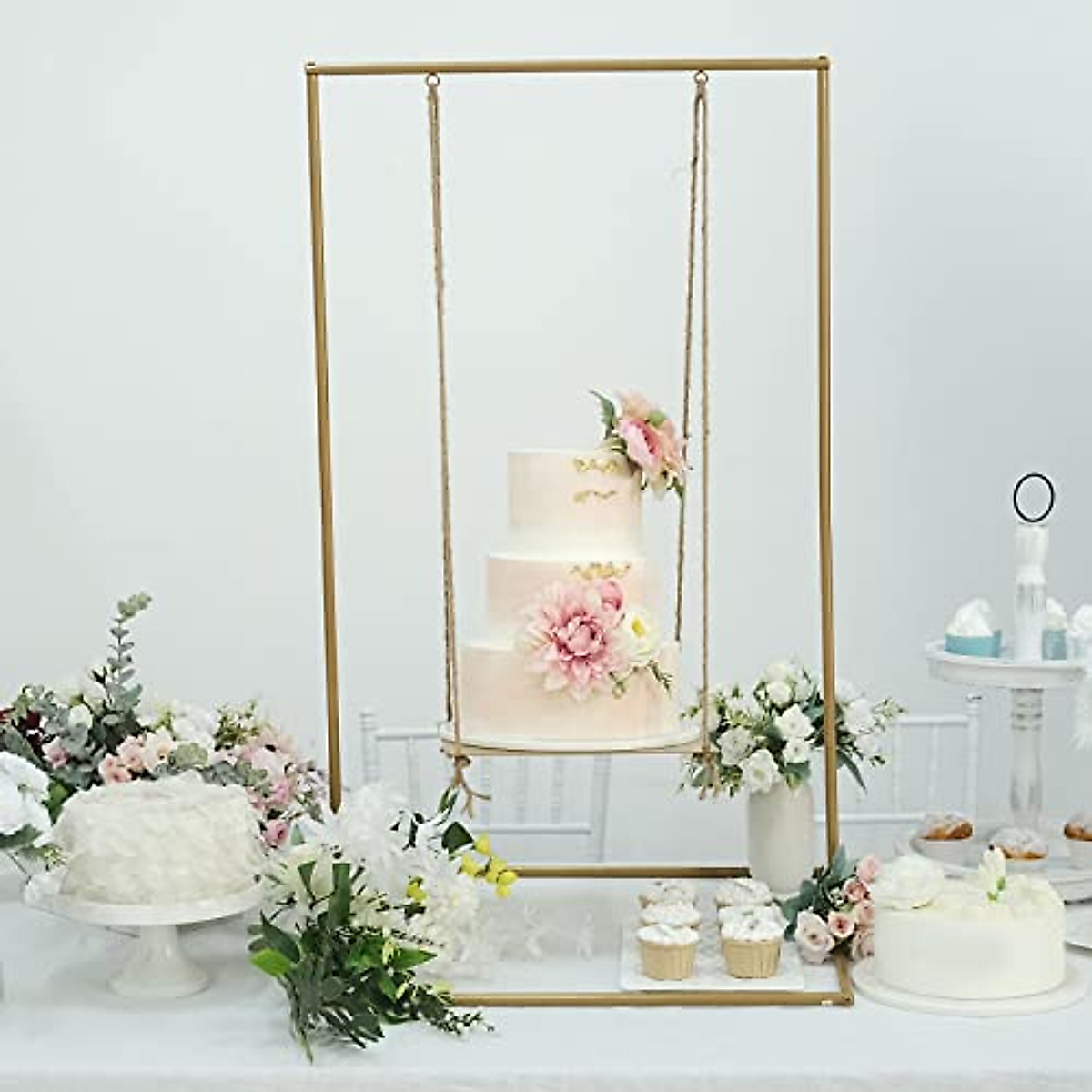 TABLECLOTHSFACTORY 3ft Tall Gold Metal Hanging Dessert Display Centerpiece with Jute Rope, Cake Stand Swing