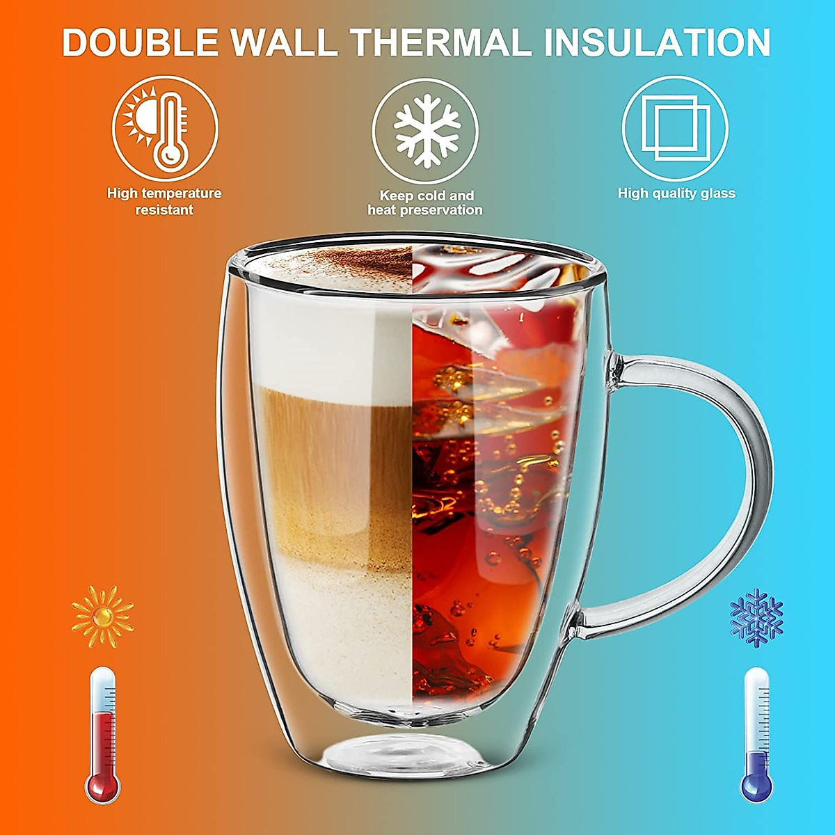 Ulrikco 12 oz Double Walled Glass Coffee Mugs, Clear Cappuccino Glass Mug Set of 4, Double Insulated Glass Coffee Mugs with Handle, Latte Mug, Espresso Mug Cups for Hot/Cold Drinks, Dishwasher Safe