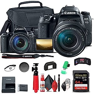 Canon EOS 77D DSLR Camera with 18-135mm USM Lens (1892C002) + 64GB Memory Card + Case + Card Reader + Flex Tripod + Hand Strap + Cap Keeper + Memory Wallet + Cleaning Kit (Renewed)