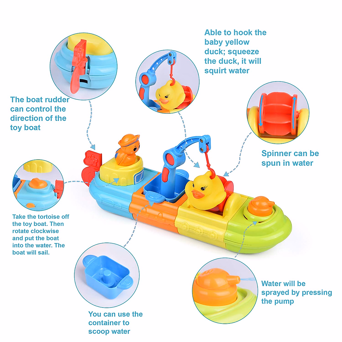 FUN LITTLE TOYS Baby Bath Toys, 7 PCs Toy Boats Include One Big Wind Up Bath Boat and 6 Bath Squirters Toy Boats, Birthday Gifts for Boys & Girls
