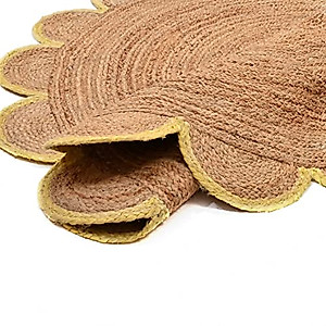 4x4, 5x5, 6x6, Natural Jute Scallop Round Rug, Floor Yellow Scalloped Edge Rug Braided Boho Eco Large Circular Handmade Area Rugs (3x3 FT)