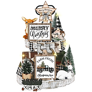 FairySandy 13 Pcs Christmas Tiered Tray Decor Set Xmas Black and White Plaid Gnome Wooden Tabletop Signs Elk Gnome Truck Rustic Farmhouse Winter Decorative Trays Cozy Christmas Decor for Home Kitchen