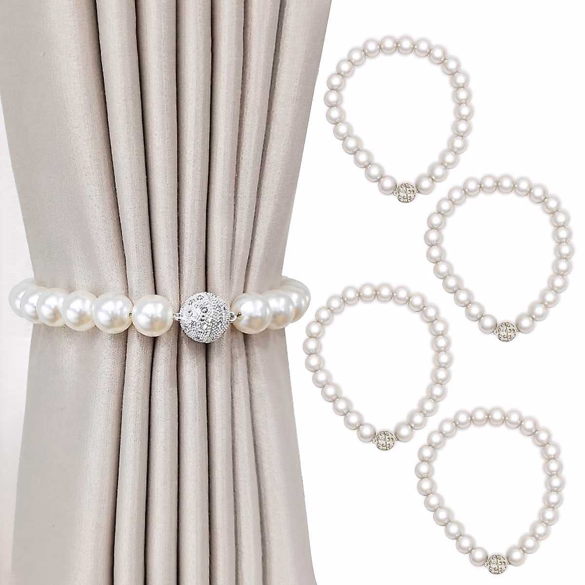 Canjuxk Magnetic Curtain Tiebacks, 4 Pack Pearl Drapery Tie Backs Weave Holder for Window Draperies Hold Curtains Drape Ties Backs Holdback, Bedroom Home Decor