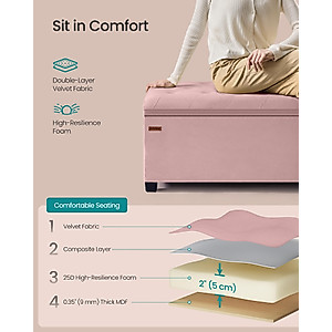 SONGMICS Velvet Storage Ottoman Bench, Foot Rest with Legs, 15.7 x 43 x 15.7 Inches, End of Bed Bench, Storage Chest, Load up to 660 lb, for Living Room, Bedroom, Entryway, Jelly Pink ULSF089R01