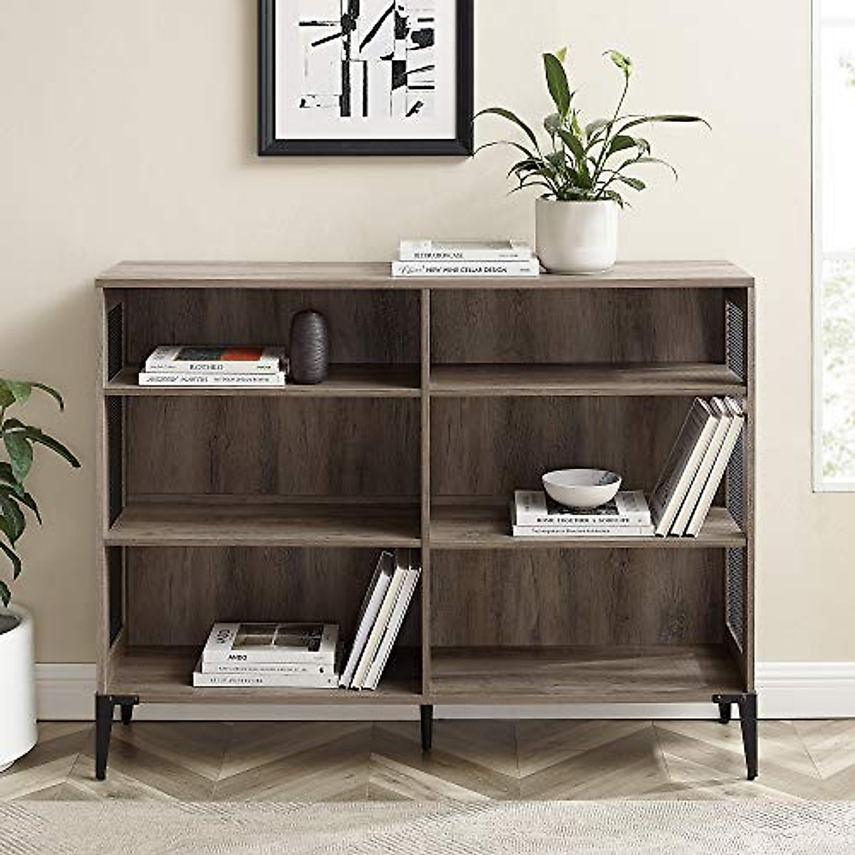 Home Accent Furnishings 52" Mesh Side Industrial Bookshelf - Grey Wash
