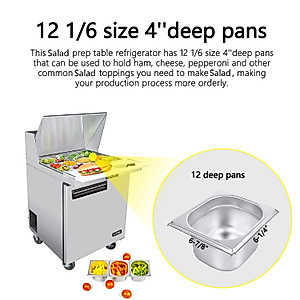 KITMA 28" W Sandwich/Salad Prep Table Refrigerator, Single Door Salad Prep Table with 7.5 Cu.Ft Commercial Refrigerator Base, Cutting Board, and 12 Pans Capacity (33 °F - 38°F)