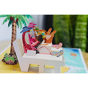 HEARTPOP 3D Flamingo on Beach Vacation Pop Up Card, Handmade 3D Greeting Card For All Occasion, Birthday, Anniversary, Thank You, Thinking of You, Retirement Gift, Valentine's Day | With Message Note