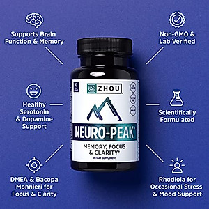 Zhou Neuro Peak Brain Support Supplement | Memory, Focus & Clarity Formula | DMAE, Rhodiola Rosea, Bacopa Monnieri, Ginkgo Biloba & More | 30 VegCaps