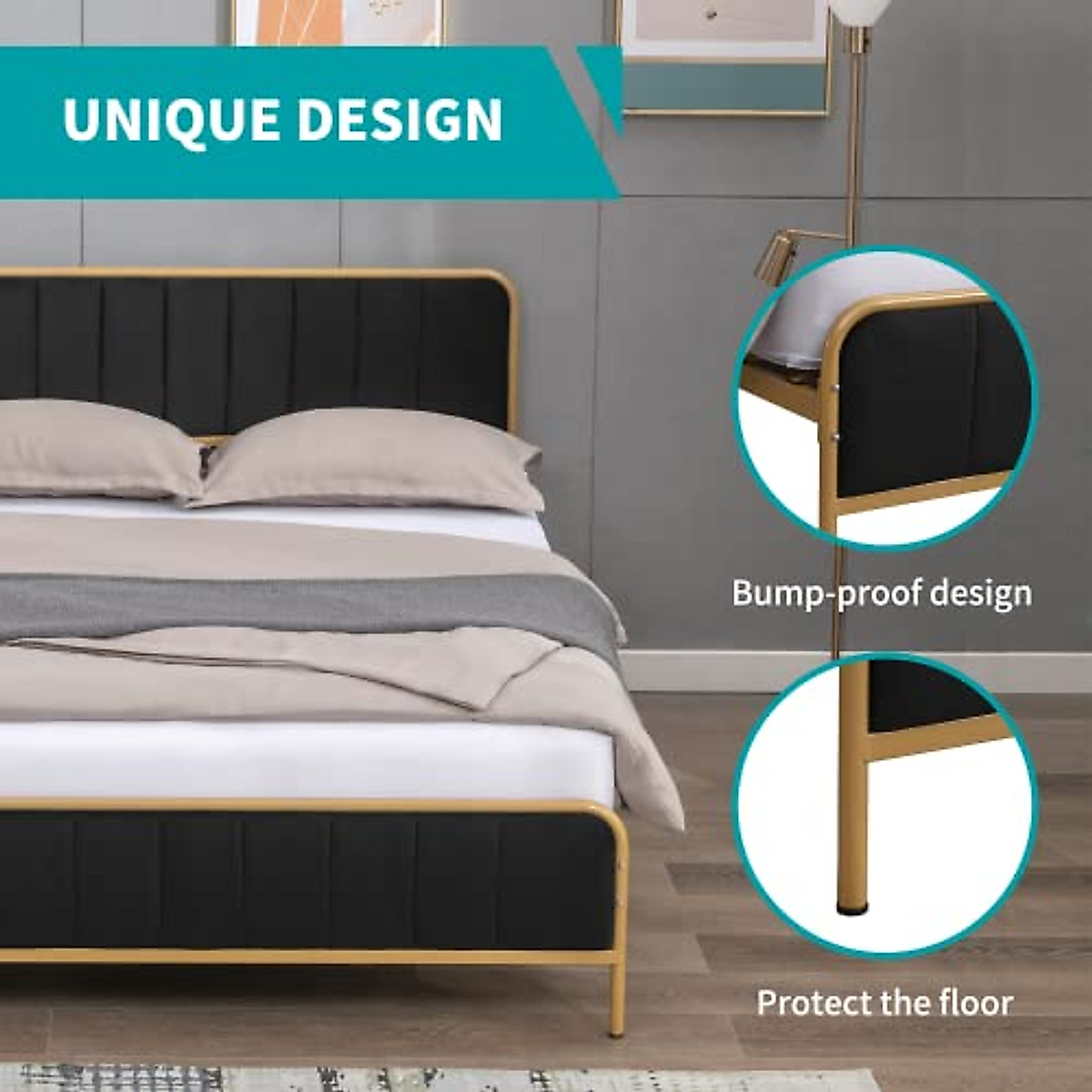 BALUS Cal King Size Bed Frame, Metal Platform Bed Frame with Tufted Headboard, Velvet Upholstered Platform Bed Frame with Gold Trim, Easy Assembly, No Box Spring Needed and Slip Noise Free Black