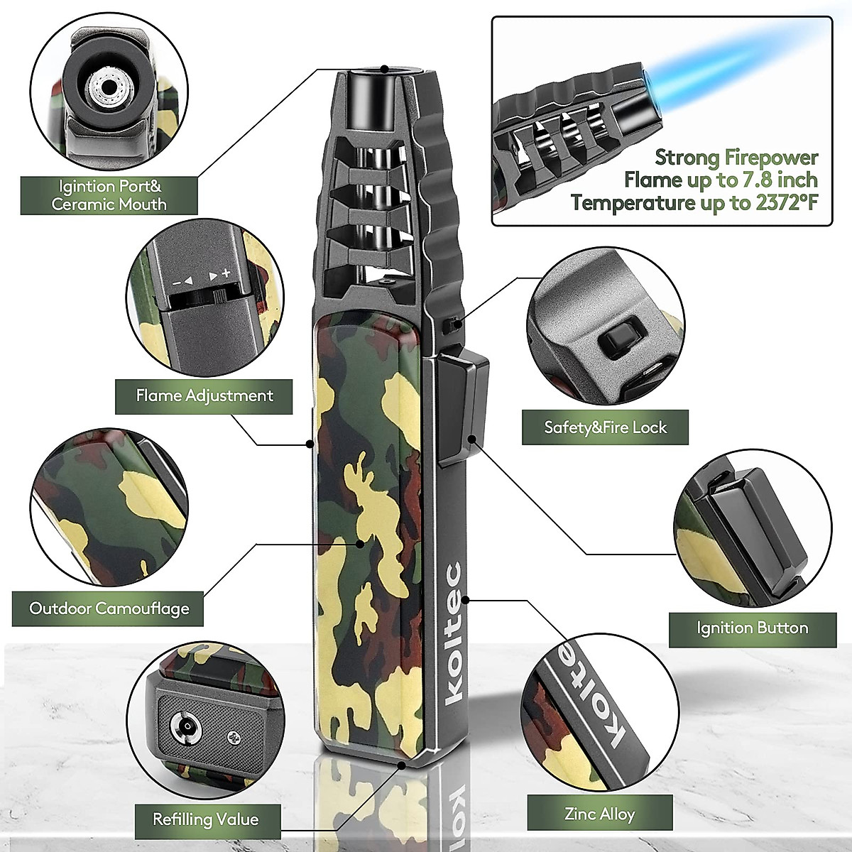 KOLTEC Butane Torch, Outdoor Windproof Cooking Torch Lighter, Refillable Adjustable Jet Flame Kitchen Butane Lighter with Safety and Fire Lock, Gift Box Package (Gas Not Included) (Camouflage)