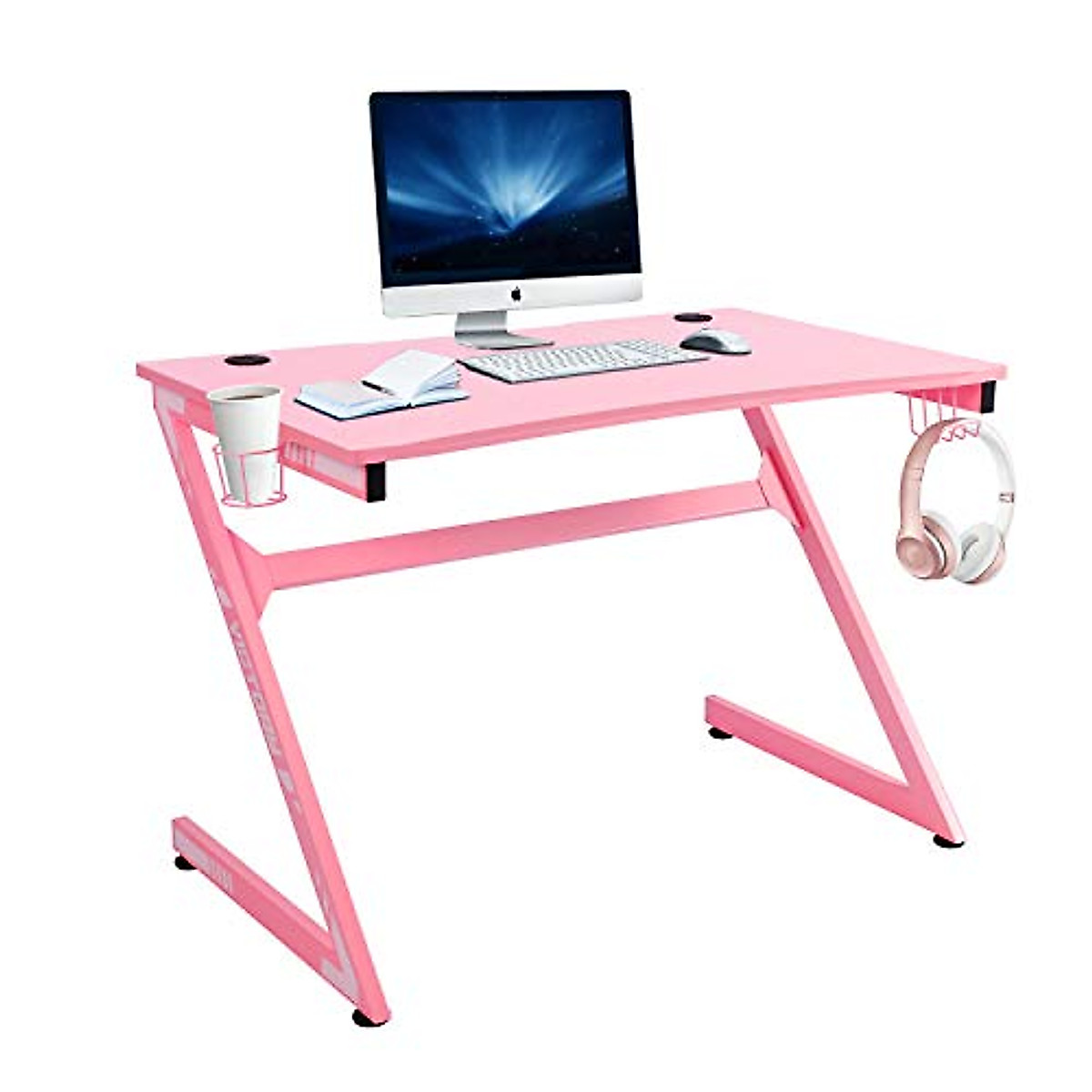 YIGOBUY Pink Gaming Computer Desk 43 Inch Barbie Gaming Table Z Shape Black Racing Table Student Desk with& Headphone Hook for Kids Adults Home Office Bedroom Computer Workstation