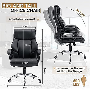 Big and Tall Office Chair for Heavy People 400 lbs, High Back Executive Office Chair with 2-Point Massage and Technological Leather, Plus Size Office Chair with Strong Metal Base Quiet Wheels