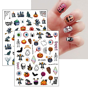 JMEOWIO 12 Sheets Halloween Nail Art Stickers Decals Self-Adhesive Pegatinas Uñas Cute Ghost Pumpkin Pink Nail Supplies Nail Art Design Decoration Accessories