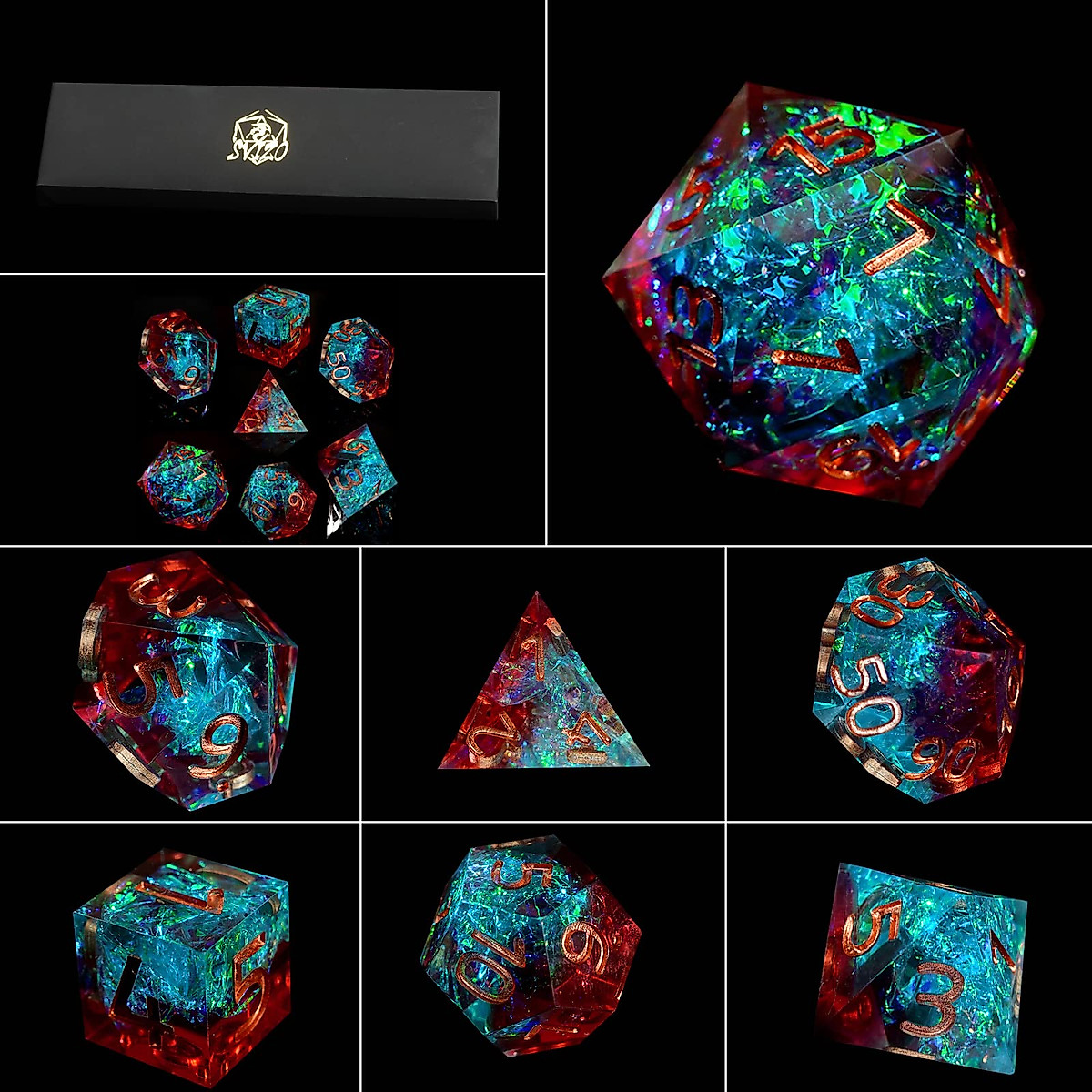 SVIZO Polyhedral Resin DND Dice Set, Handcrafted Polished Sharp Edge Tabletop D&D RPG Games Dice with Inclusions and Holder Case Dungeons and Dragons 7PCS (Red Blue)