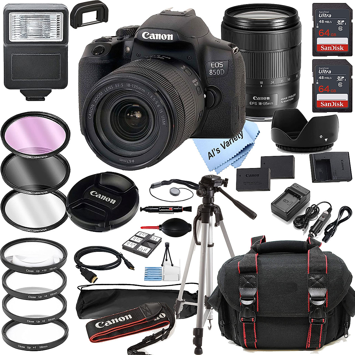 Canon EOS 850D (Rebel T8i) DSLR Camera w/ 18-135mm f/3.5-5.6 is USM Zoom Lens + 128GB Memory + Case + Tripod + Filters (34pc Bundle)