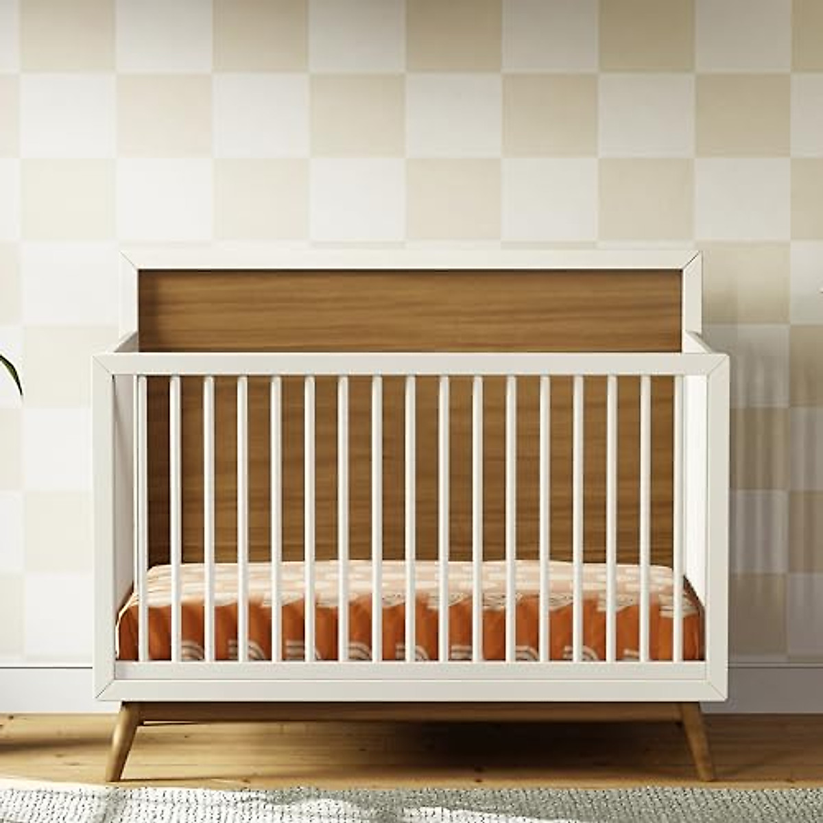 Babyletto Palma 4-in-1 Convertible Crib with Toddler Bed Conversion Kit in Warm White/Natural Walnut, Greenguard Gold Certified