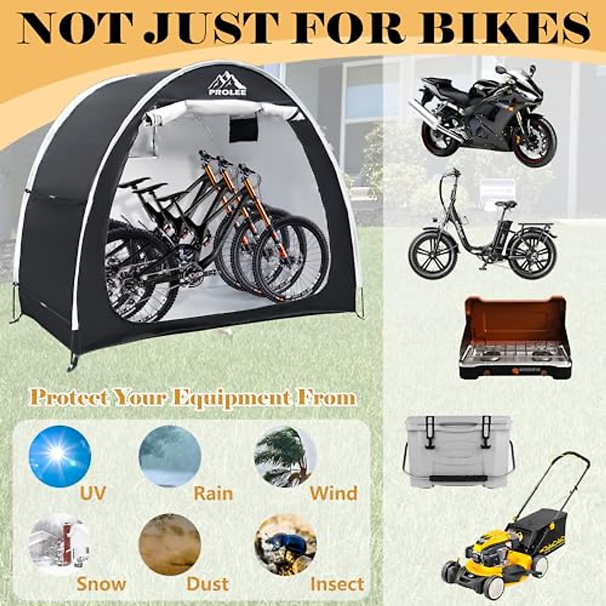 PROLEE Bike Shed 6.6FT, Waterproof Oxford Fabric Storage Tent for 2 Bikes, Outdoor Storage with Window Design, Black