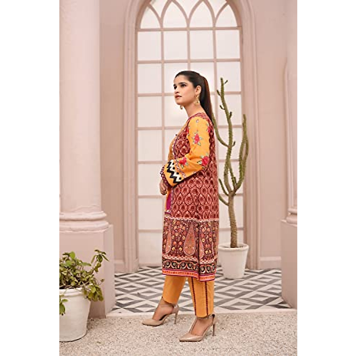 IshDeena Indian Kurtis for Women Indian Style Kurta Tops Pakistani Kurtis for Women Pure Cotton Digital Printed Long Shirts (Large/Mustard & Purple)