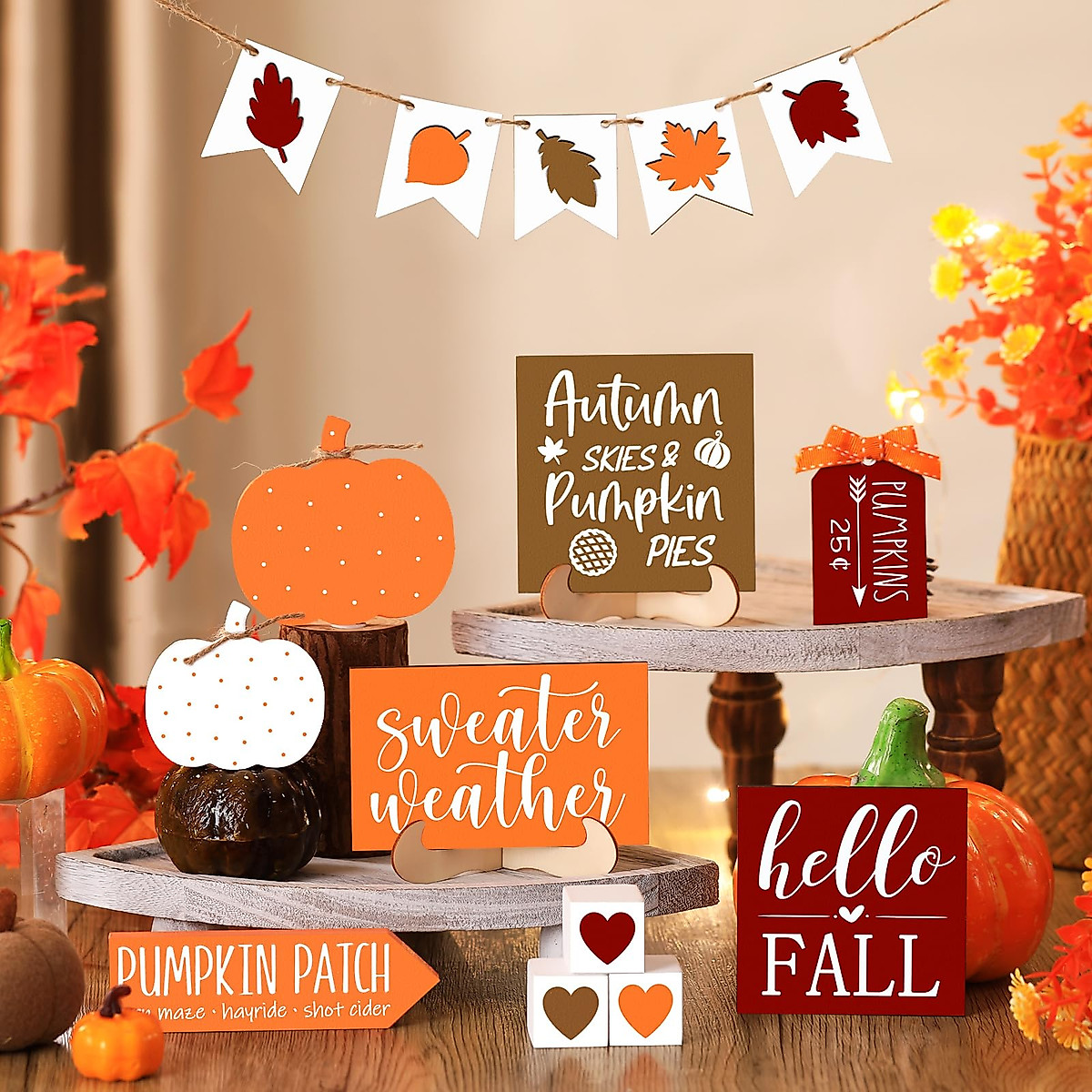 Sumind 15 Pcs Fall Tiered Tray Decor Set Hello Fall Decor Autumn Wood Signs Thanksgiving Orange Brown Table Signs Farmhouse Wooden Maple Pumpkin Gnomes Tabletop for Festival Home Decor(Autumn)