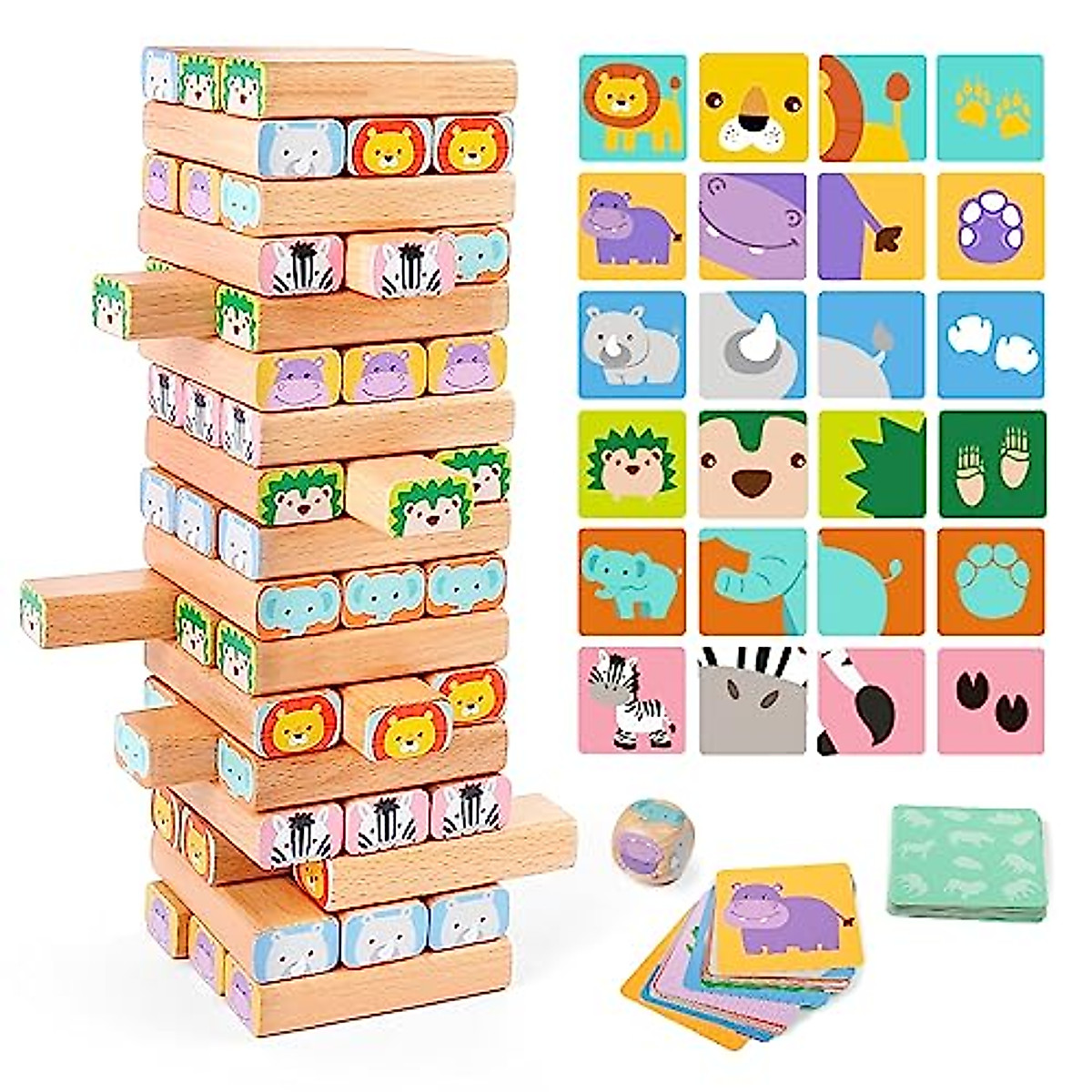 Nene Toys Wooden Block Stacking Game – 4-in-1 Tumble Tower Family Board Game with Building Blocks, Cards and Dice – African Safari Educational Wooden Toy for Kids 3-9 Years Old About Animals