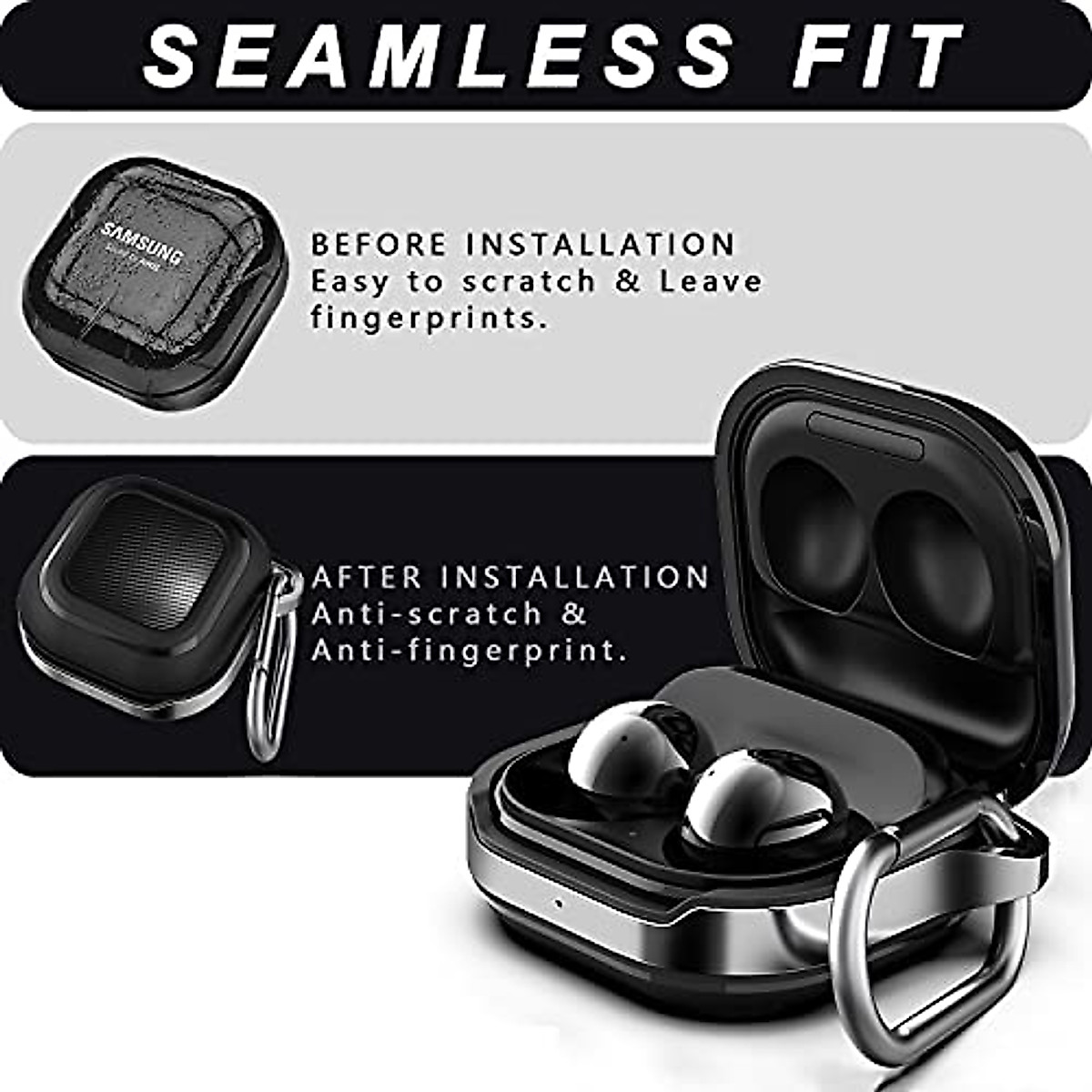 HALLEAST for Galaxy Buds 2 Pro Case 2022/ Galaxy Buds 2 Case 2021/ Galaxy Buds Pro Case 2021/ Galaxy Buds Live Case 2020, TPU Cover Metal Alloy Carrying Case with Carabiner, Black Graphite