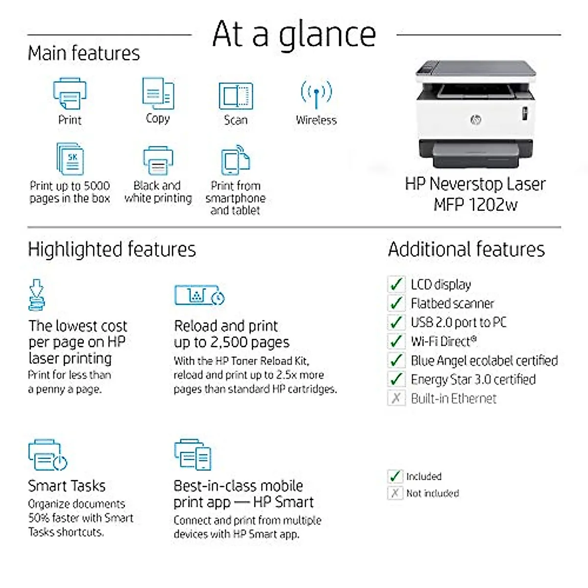 HP Neverstop Laser MFP 1202w Wireless Monochrome All-in-One Printer with cartridge-free toner tank, comes with up to 5,000 pages of toner in the box (5HG92A)
