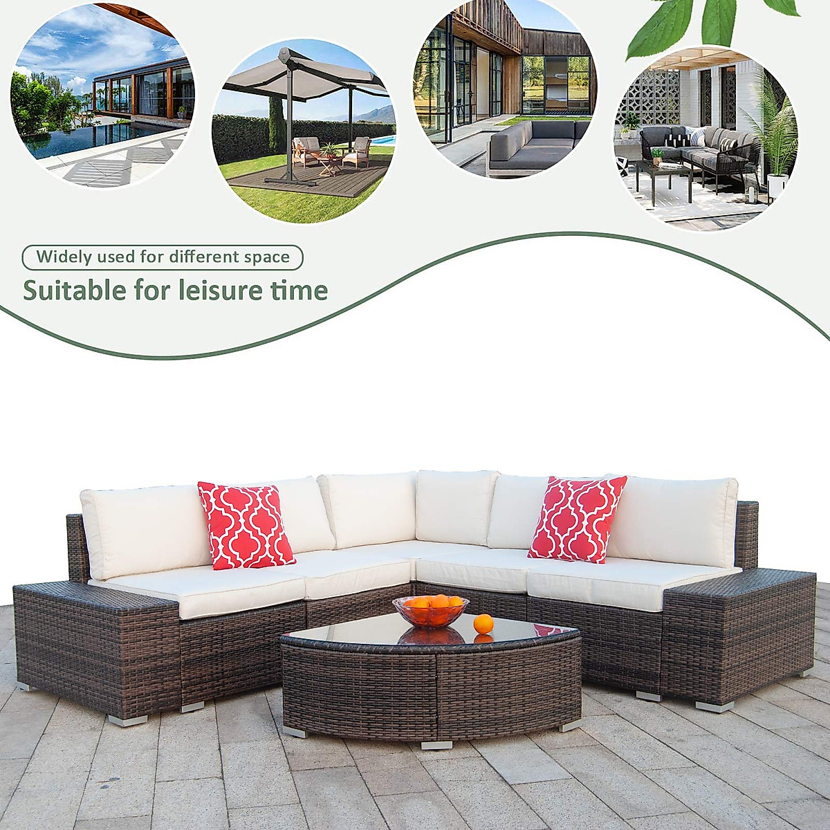 Polar Aurora 6pcs Patio Furniture Set PE Brown Rattan Wicker Sectional Outdoor Sofa Set Outside Couch w/Washable Seat Cushions & Modern Glass Wedge Table for Patio, Backyard, Pool-Beige