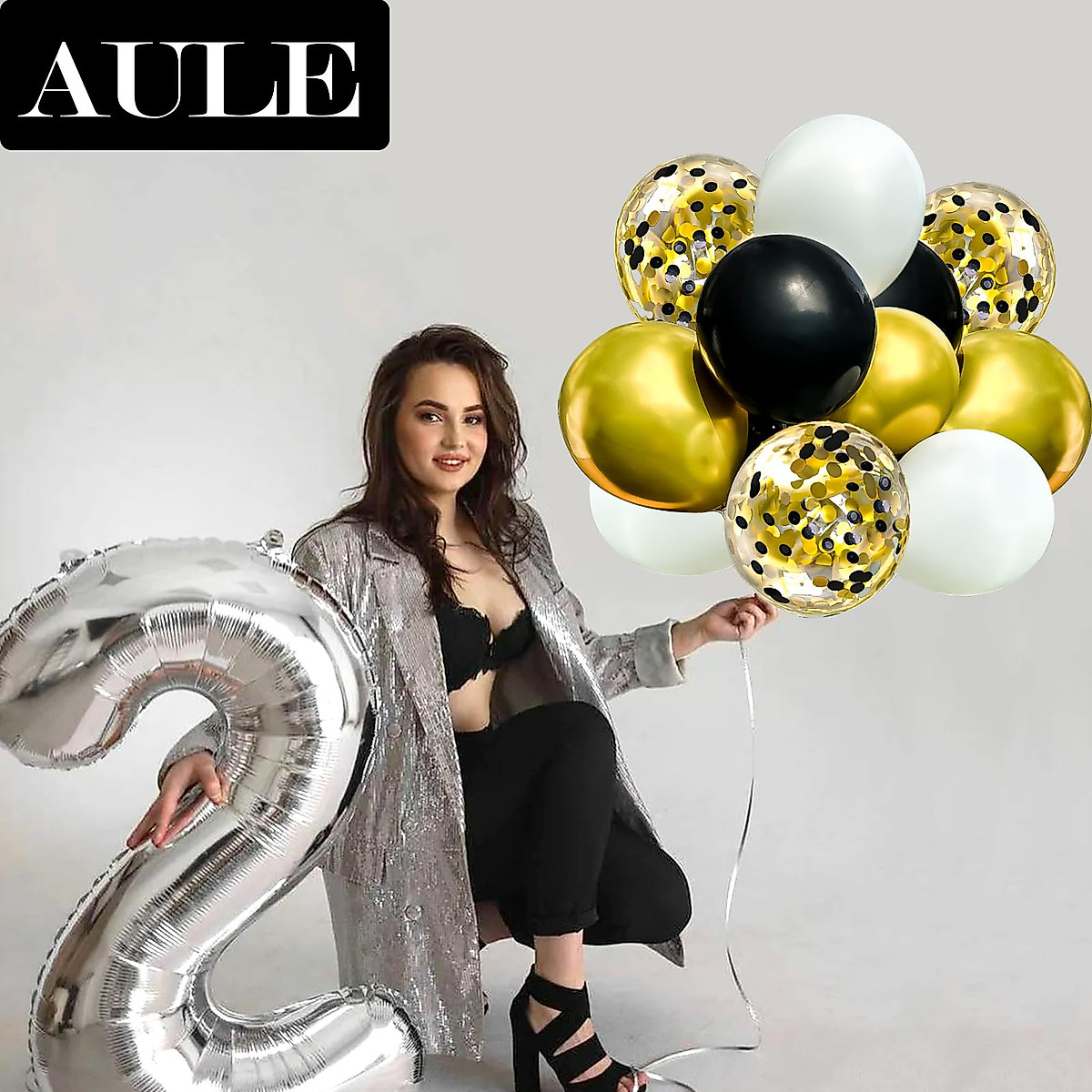 AULE Metallic Gold and Premium Latex Black White Balloons 60 Pack 12inches and Black Gold Confetti Balloons with Gold Ribbons Set for Birthday Graduation Wedding Party Decorations