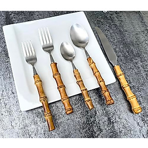 Nature Real Bamboo Handle Flatware 5-Piece Set, Stainless Steel 18/10 Food Safety Grade Silverware Cutlery Set Eating Utensils Matte Silver (Nature bamboo 5 pcs set)