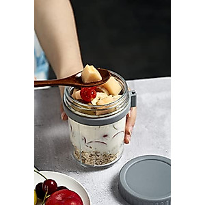 Overnight Oats Containers with Lids - 2pack Updated Design 10 oz Wide Mouth Mason Jar with Spoon Very Convenient for Use On The Go, Tight sealing glass jar ideal for home, office or to go