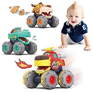 Woby Monster Truck Car Toys for 12-18 Months Baby,1-2 Birthday Gifts Toys,3 Pack of Friction Powered Pull Back Animal Cars Vehicles