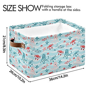 xigua Cartoon Octopus Fish Crabs Shellfish Square Storage Basket,Collapsible Sturdy Fabric Storage Basket Cube W/Handles for Clothes Toy Closet(1 pcs)