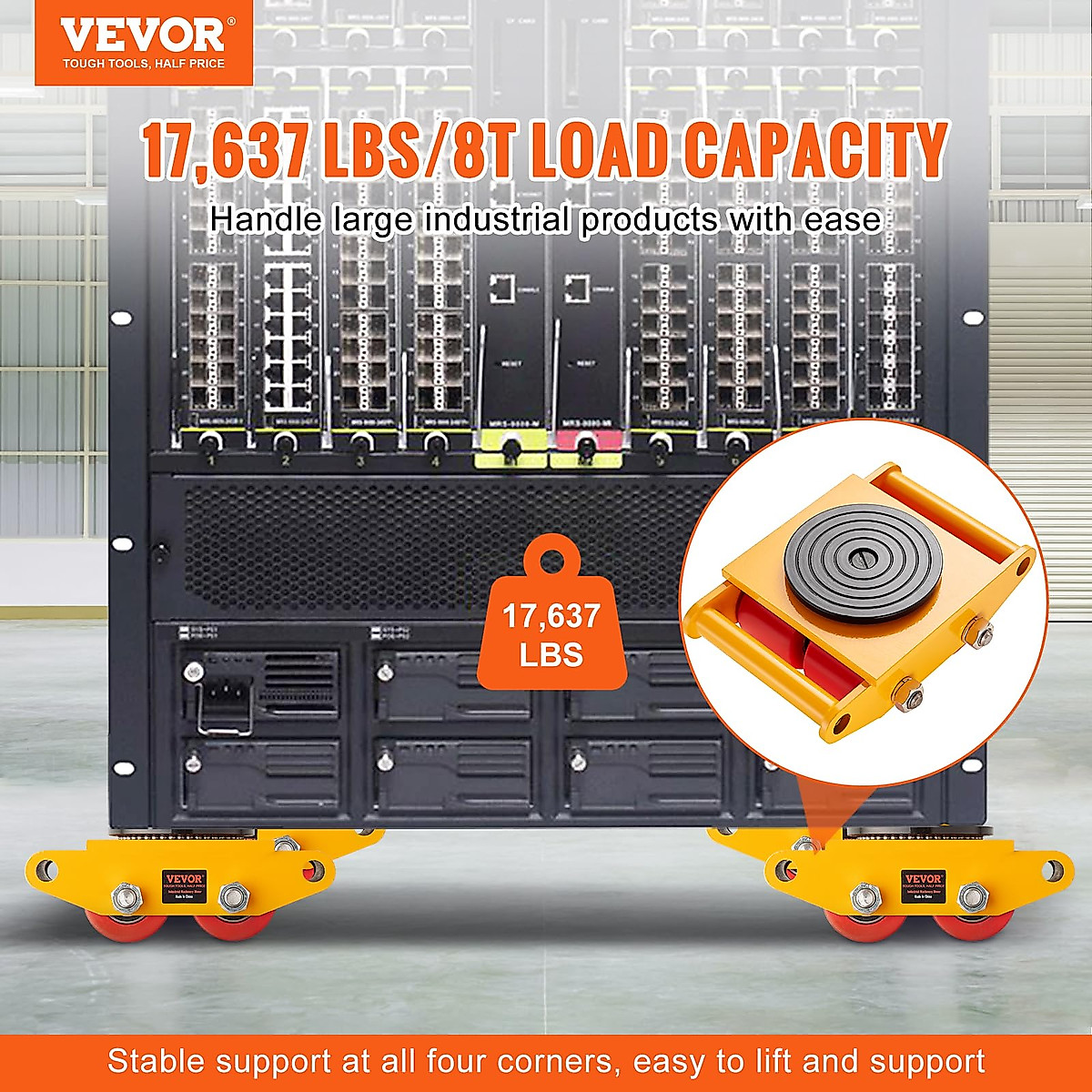 VEVOR 4PCS Machinery Skate Dolly, 17637LBS/8T Industrial Machinery Mover, Heavy Duty Carbon Steel Machinery Moving Skate with 4 PU Wheels and 360° Rotation Non-Slip Cap for Warehouse Workshop Factory