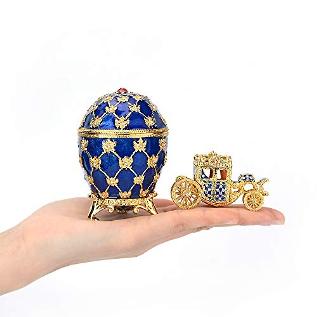QIFU Vintage Blue Faberge Egg Style Jewelry Trinket Box with Mini Royal Carriage, Unique Gift for Easter Collection