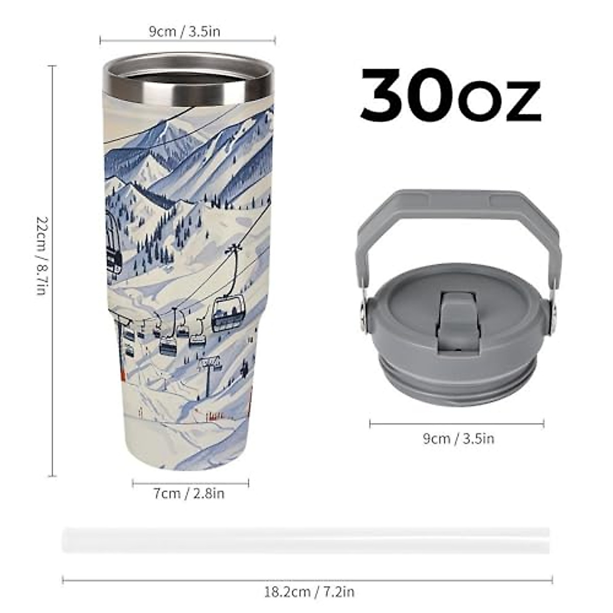 WITHSBKK 30oz Car Cup Mount Horsney Ski Lift Printed with Portable, Stainless Steel Travel Mug, Vacuum Insulated Tumbler And Straw, Leakproof for Car & Outdoor, UV Printed Design