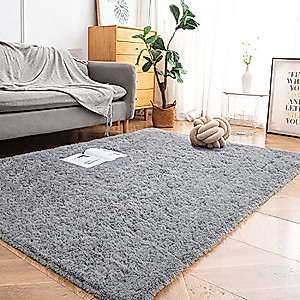 GOKISNE Area Rug for Bedroom, Fluffy Living Room Area Rug, Fluffy Carpet 4' x 5' for Kids Room, Shaggy Plush Rug for Nursery Room, Grey
