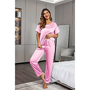 Ekouaer Womens Silk Satin Pajamas Set Two Piece Pj Sets Sleepwear Loungewear Short Sleeve Pj Sets Hot Pink