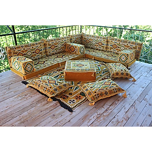 Yellow L Shaped Corner Floor Couch, Interior Design, Outdoor Patio Furniture, Floor Cushions, Bench Cushions, Floor Pillows, Arabic Majlis (L Sofa Full Set)