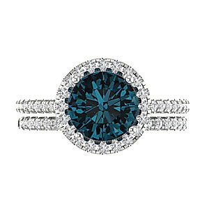 Clara Pucci 2.82ct Round Cut Halo Solitaire Real London Blue Topaz Designer Art Deco Statement Wedding Ring Band Set 18K White Gold 6.5